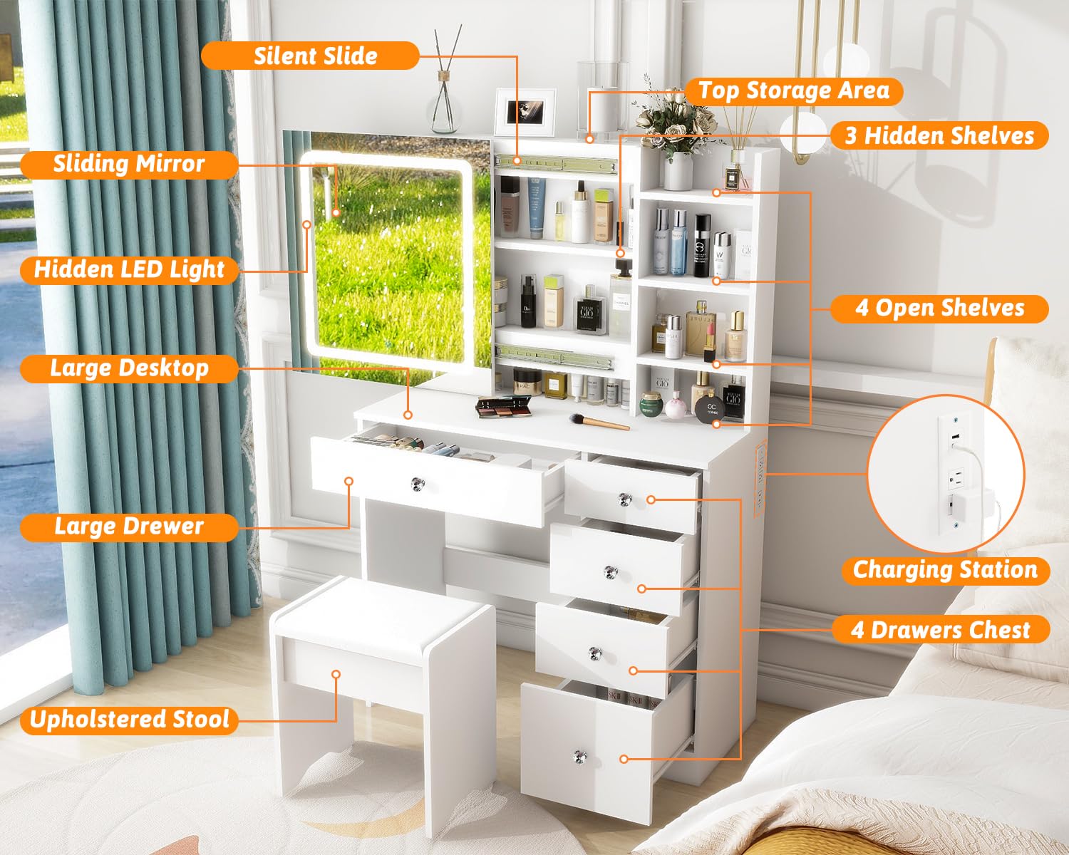 Sokiche Makeup Vanity Desk with Sliding Mirror and LED Lights & Charging Station, 35.4" White Vanity Table Set with 5 Drawers & 7 Shelves,3 Light Modes, Dressing Table for Bedroom,Stool Include, White