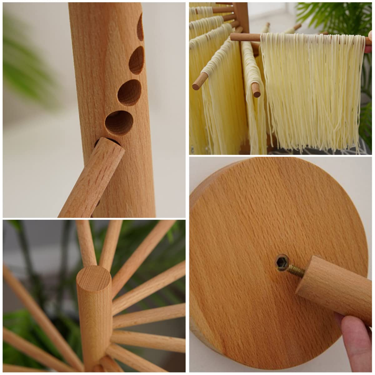 DlbvFoy Collapsible Pasta Drying Rack, Wooden Spaghetti Stand Dryer with 16 Suspension Rods Homemade Fresh Noodle Hanger, Noodle Drying Rack Easy Storage and Quick Set-Up Hanging Rack