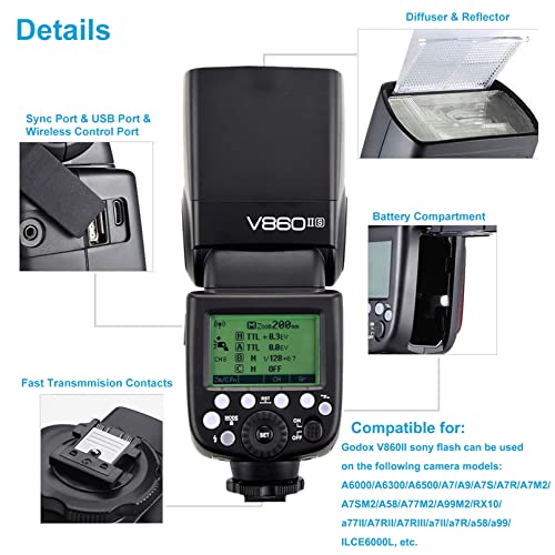 Godox V860II-S V860IIS Camera Flash Speedlite for Sony, 2.4G TTL Sony Flash Speedlight GN60 1/8000s HSS, Rechargable Li-ion Battery, 650 Full Power Flashes, Compatible for Sony DSLR Cameras