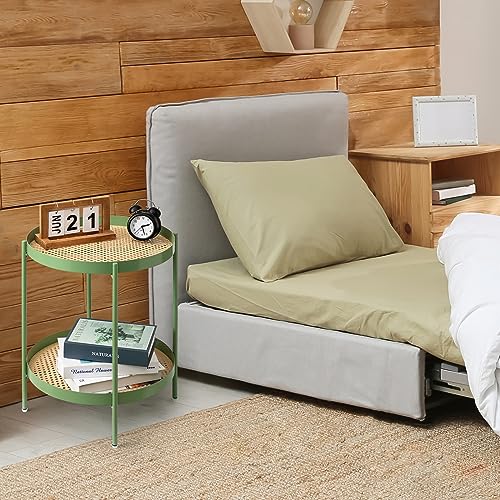danpinera Metal Side Table, Imitation Rattan Green End Table with 2 Tier Removable Tray, Round Table for Small Spaces, Small Tables for Living Room 20.47 Inch x 16.54 Inch