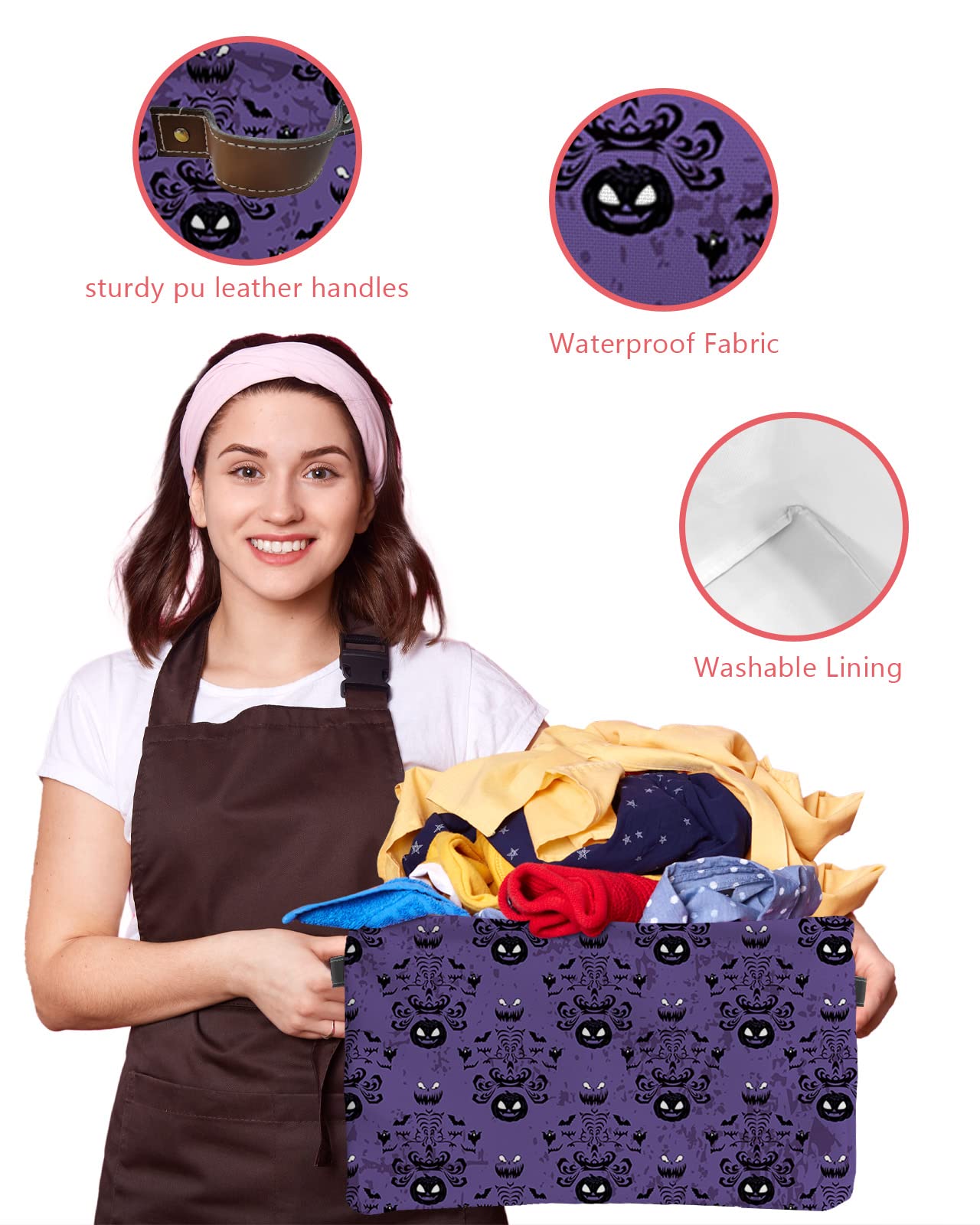 Halloween Pumpkin Waterproof Fabric Storage Basket for Organizing Bedroom Bathroom Laundry Room Collapsible Storage Bins Haunted Mansion Decorative Shelf Basket for Gifts Empty