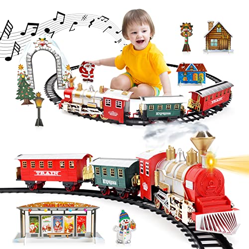 deAO Train Set for Christmas Tree,Classical Christmas Train Sets with Headlight, Smoke, Realistic Sounds, 3 Car Carriage and 11 Feet Track – Great Accessory for Kids and Christmas Decoration