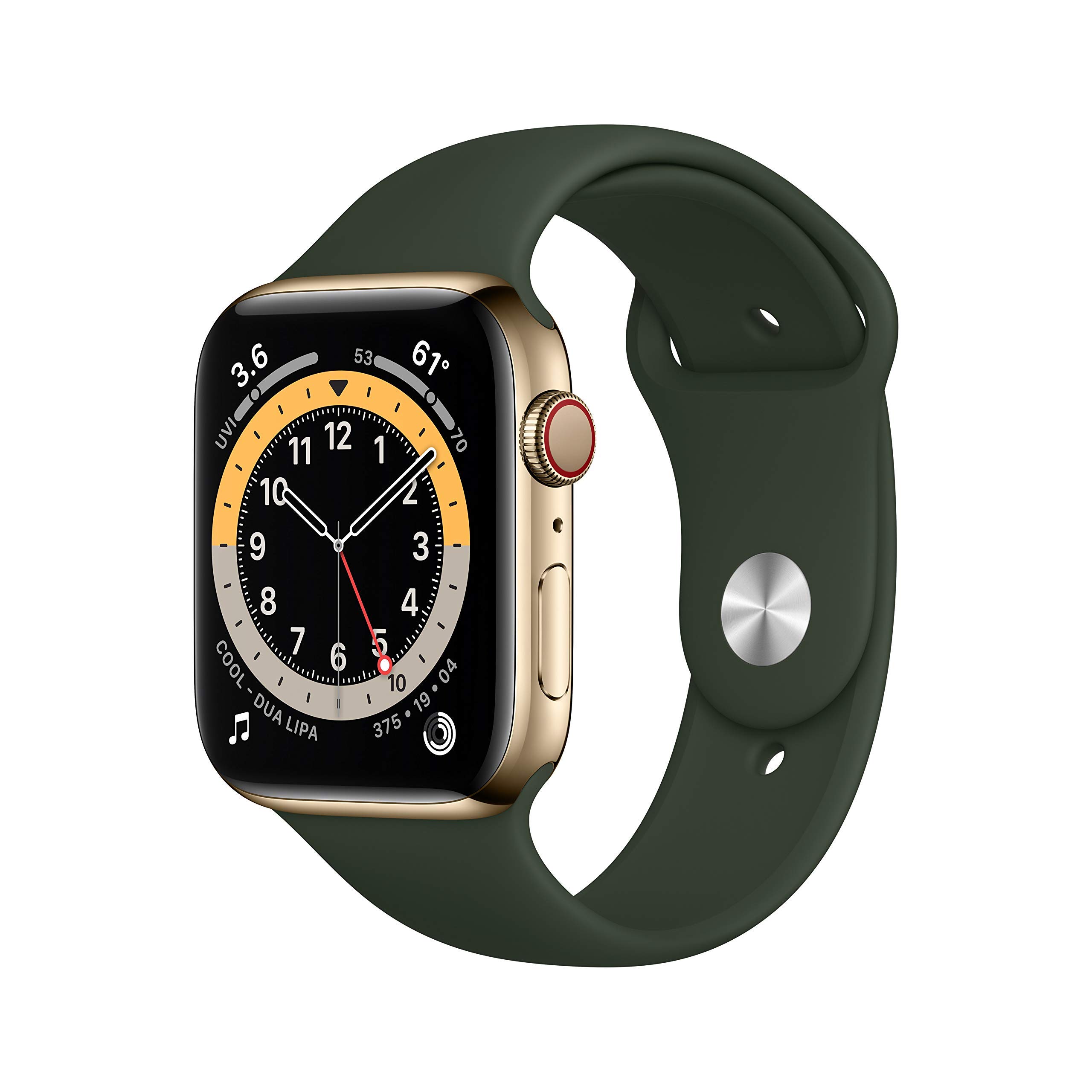 Apple Watch Series 6 (GPS + Cellular, 44mm) - Gold Stainless Steel Case with Cyprus Green Sport Band (Renewed)