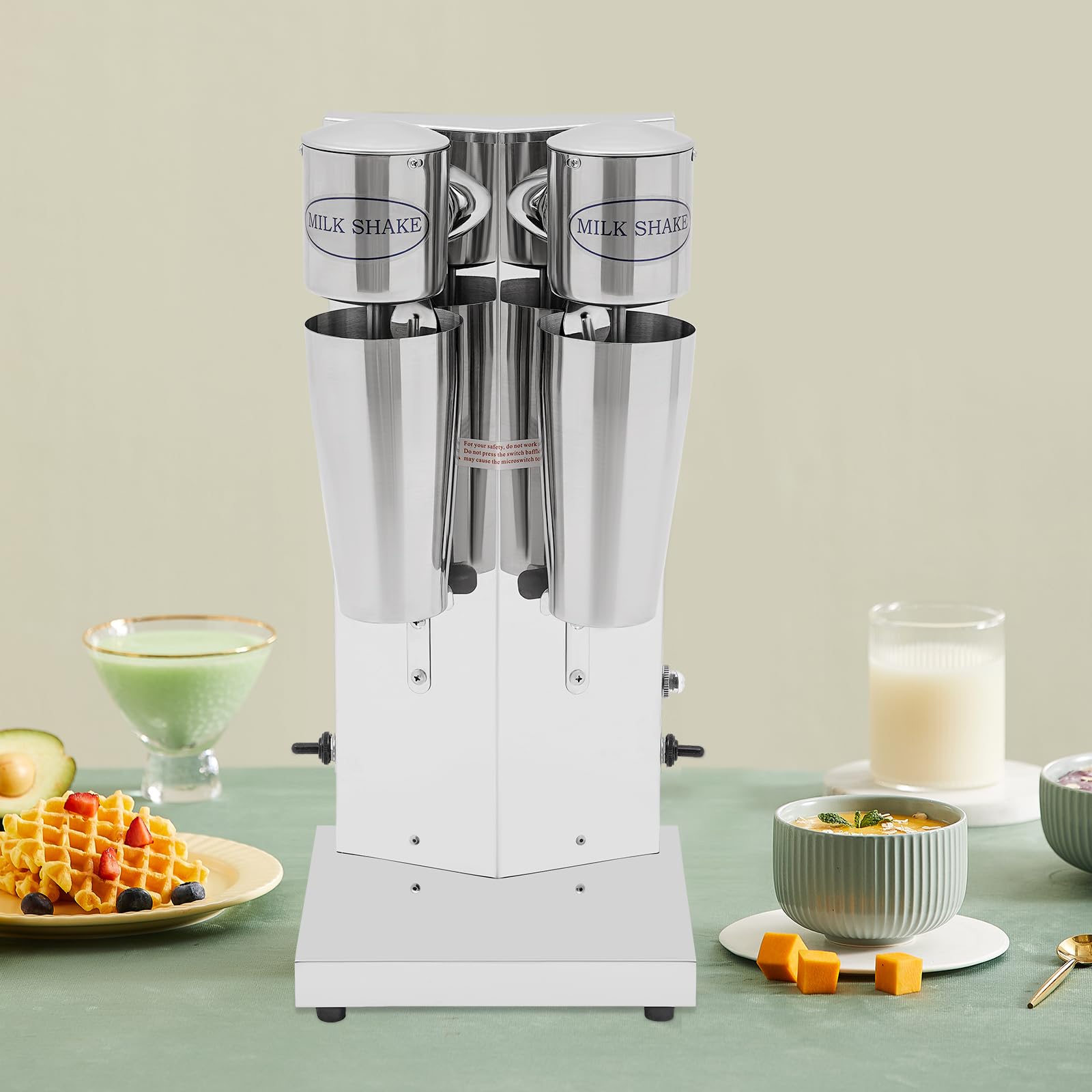 VPABES Electric Milkshake Maker, Commercial Stainless Steel Milk Shake Machine Drink Mixer Adjustable Speed Malt Maker Machine Smoothie Milk Foam Tea Mixer Blender + Cups (2 Head)