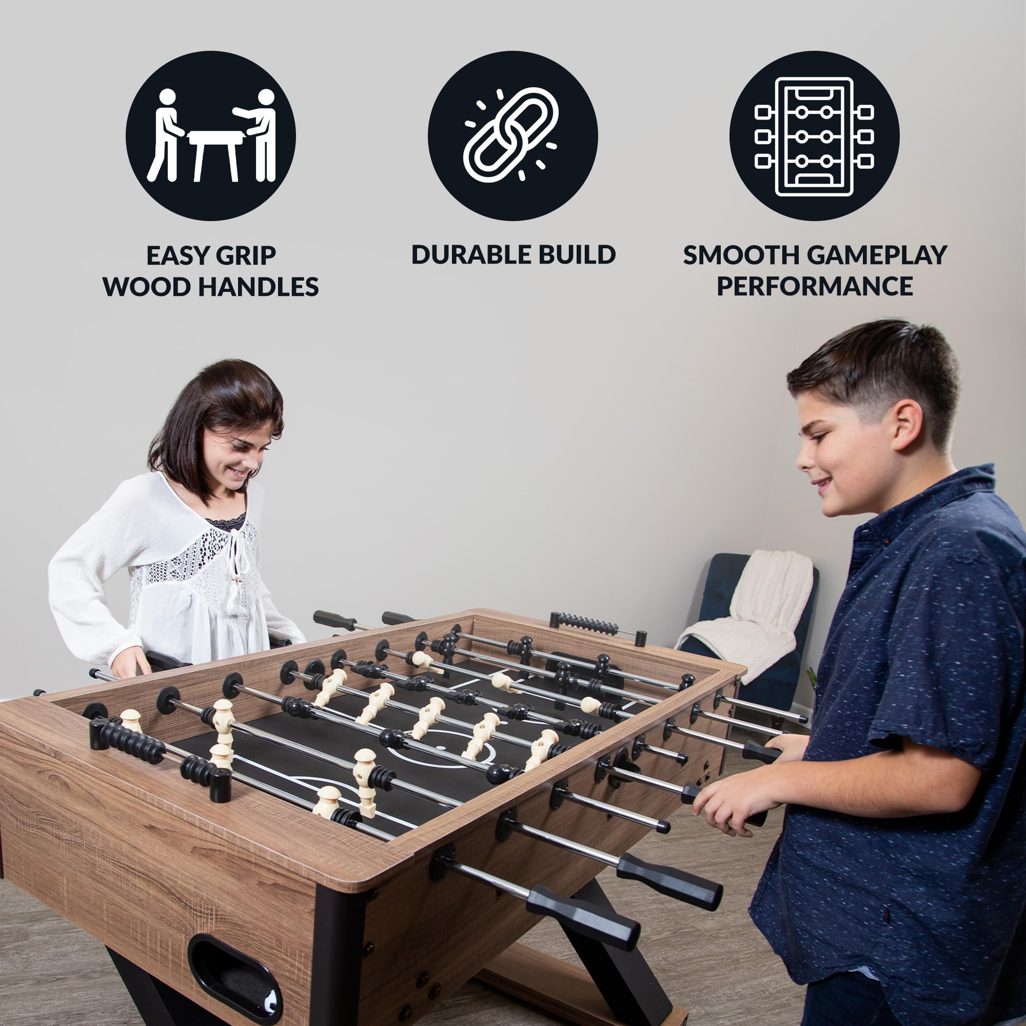 Hathaway Excalibur 54-in Foosball Table for Game Room - with Driftwood Melamine Finish, X-Pattern Base, Chrome Steel Rods, Adjustable Leg Levelers & Manual Scoring Units - Driftwood Finish