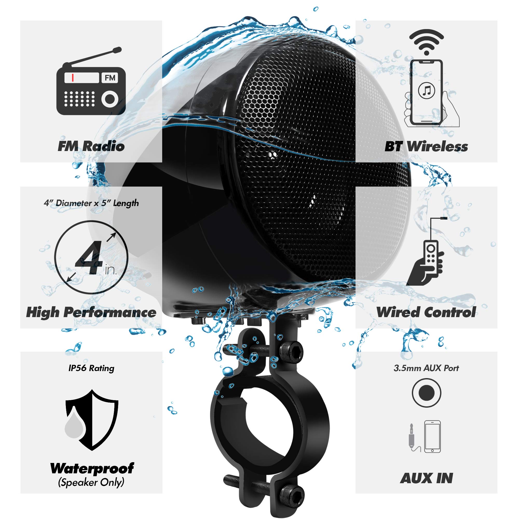 GoHawk TN4-R Amplifier 4" Full Range Waterproof Bluetooth Motorcycle Stereo Speakers 1 to 1.5 in. Handlebar Mount Audio Amp System Harley Touring Cruiser ATV UTV RZR, AUX, FM Radio