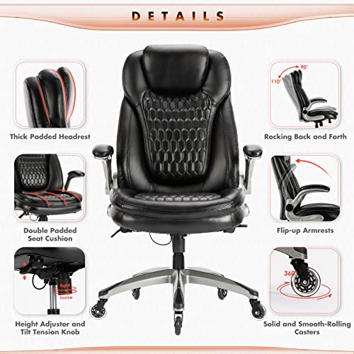 COLAMY 6686 Ergonomic Home High Back Executive Computer Desk Padded Flip-up Arms, Thick Bonded Soft Leather, Modern Office Chair with Upgraded Casters for Swivel Rolling (Black, 300lbs)