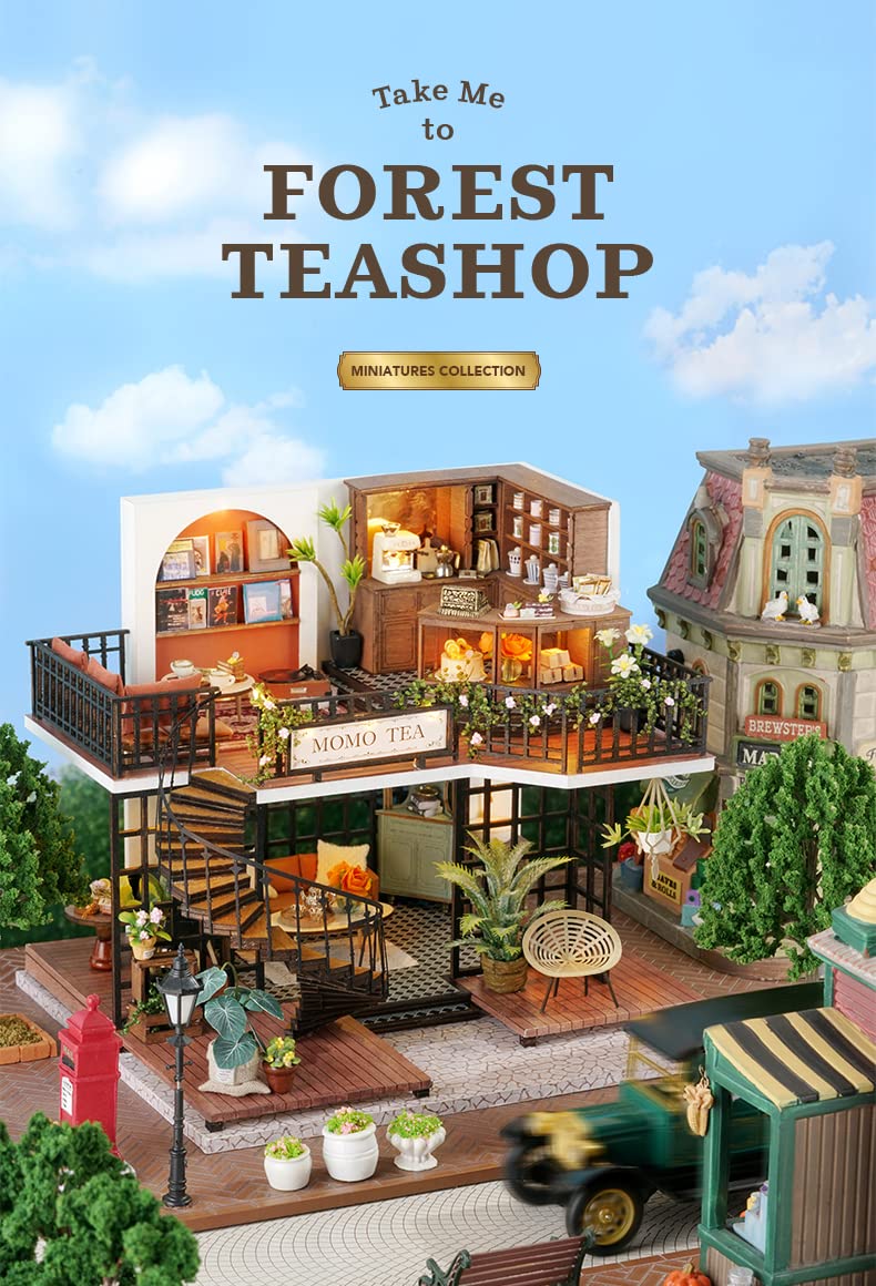 Kisoy Dollhouse Miniature with Furniture Kit, Handmade DIY House Model for Teens Adult Gift (Forest Teahouse)