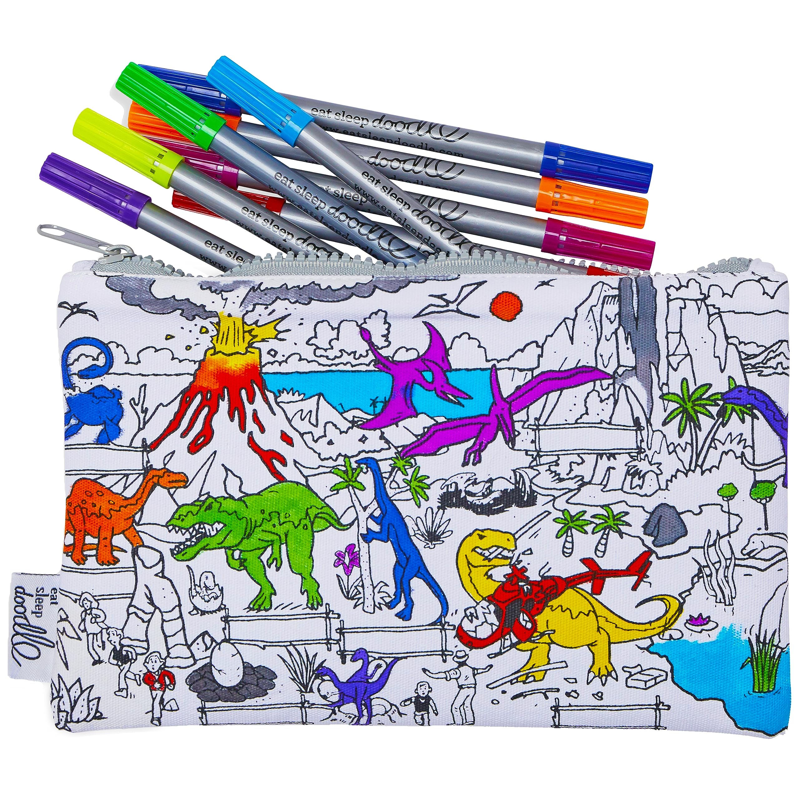 eatsleepdoodle Dinosaur Pencil Case for Kids w/ 10pk Washable Markers - 8.5x6in Coloring Dinosaur Pencil Pouch - Ultra Washable & Reusable Arts and Crafts for Kids