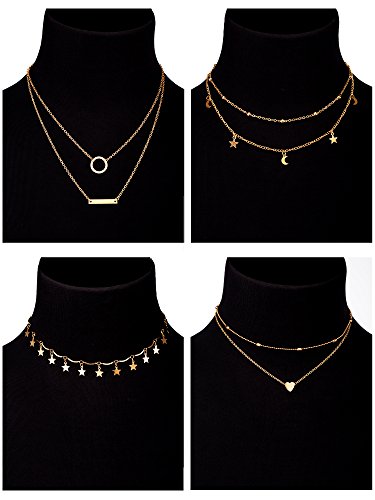BBTO 4 Pieces Layered Pendant Choker Necklace Gold Layering Chain Choker for Women Girls (Style A)