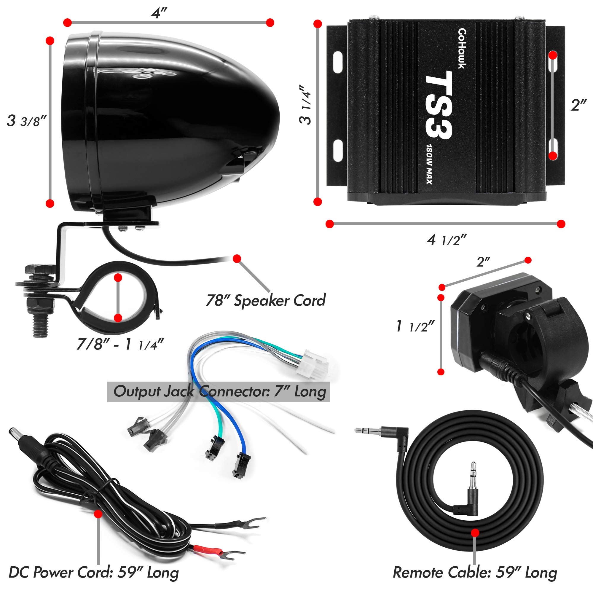 GoHawk TS3 Gen.3 Motorcycle Weatherproof Bluetooth Speakers 7/8-1.25 in. Handlebar Mount MP3 Music Player Sound Audio Stereo Amplifier System ATV UTV w/AUX, USB, Micro SD, FM Radio, 2-Speaker