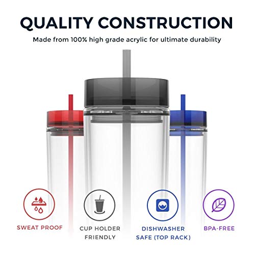 Maars Drinkware Double Wall Insulated Skinny Acrylic Tumblers with Straw and Lid, 16 oz. (4 pack, Clear)