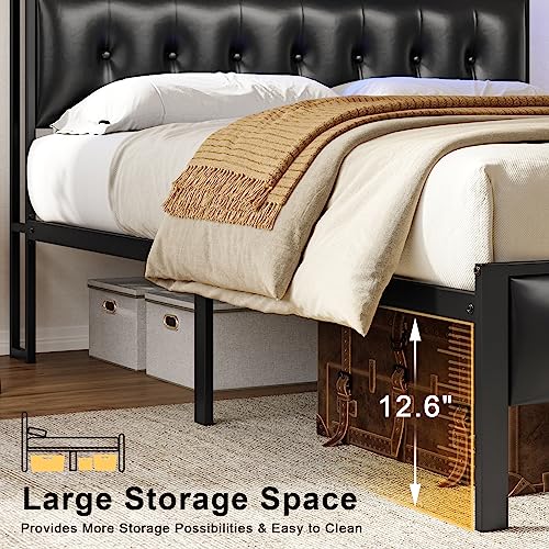 HAUSOURCE Full Bed Frame with Storage Headboard & Footboard Upholstered Platform Bed with LED Lights USB Ports & Outlets No Box Spring Needed
