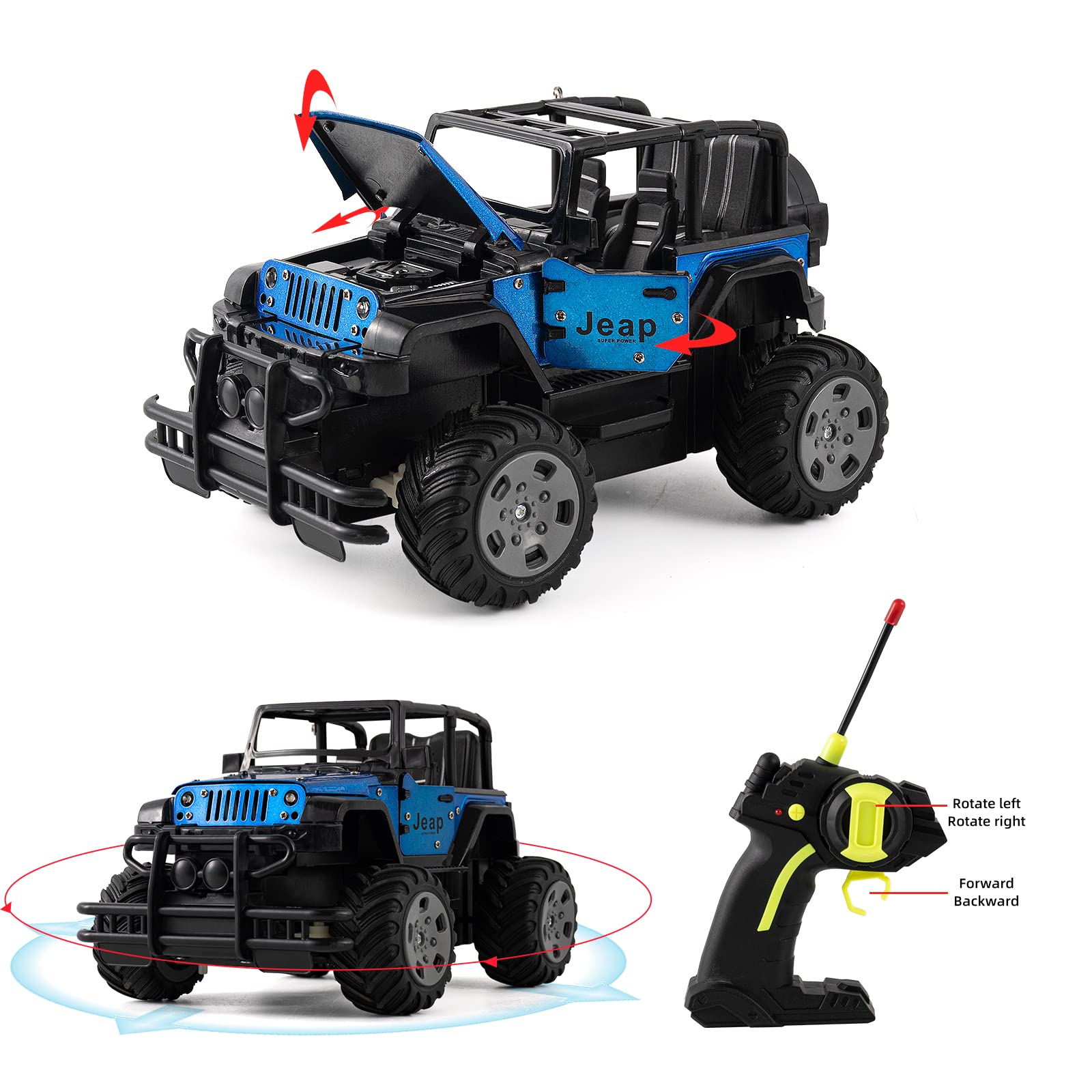 bibisash 1:20 Scale Remote Control Car, Non-Slip Off-Road Toy Car with Friction Powered Wheels & Openable Doors, RC Jeep Toy for Kids & Children (Blue