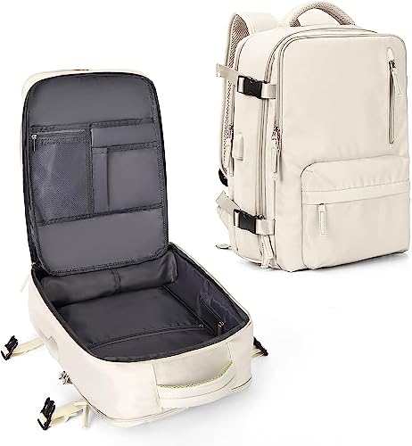 Brabola Travel Backpack, Large Laptop Backpack with USB Charging Port Waterproof College Backpack Hiking Backpack Carry on for Men and Women, Teens, School, Business, Outdoor Sports (Beige)