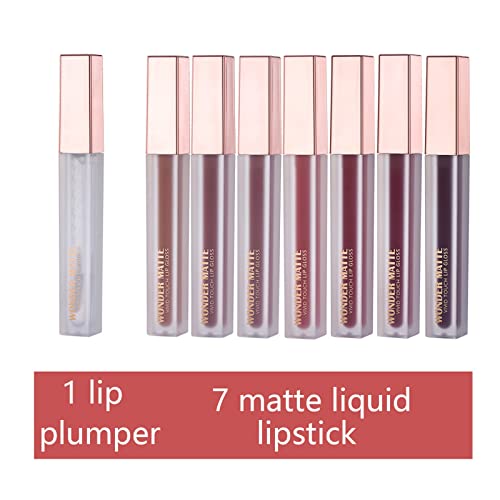 JDEFEG Rouge Lip Gloss 7Pcs Liquid Lipstick + 1Pcs Lip Plumper Makeup Set Kit Long Lasting Velvet Lip Gloss Set Pigmented Lip Makeup Sets For Girls And Women Lip Voltage Plumper(A)