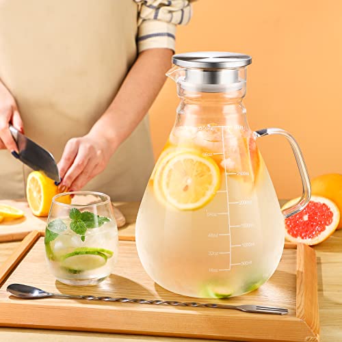 Glass Pitcher with Lid & Removable Fruit Infuser Filter, 105.6OZ Glass Fruit Infuser Water Pitcher with Precise Scale Line & Mix Spoon, HOUSALE 18/8 Stainless Steel Lid Iced Tea Pitcher Easy to Clean