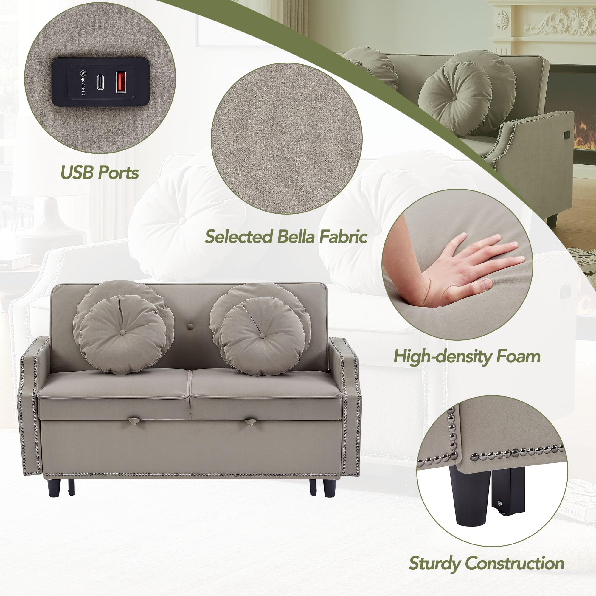 Merax 54.7" Loveseat Sofa Couch with Pull Out Bed, 3 in 1 Convertible Bella Fabric Sleeper Sofa Bed with Two USB Ports, and 2 Floral Lumbar Pillows for Apartment, Office, Living Room (Coffee)