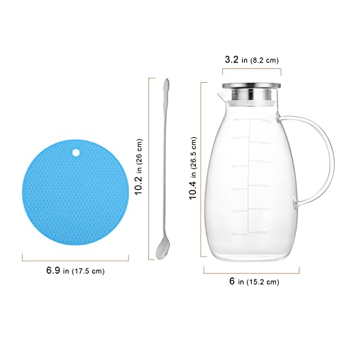 Glass Pitcher, 91 oz/2.7L Glass Water Pitcher with Lid and Handle, Carafe Pitcher for Beverage, Hot Cold Drinking, Boiling water on electric stove, Stainless Steel Lid and Borosilicate Glass