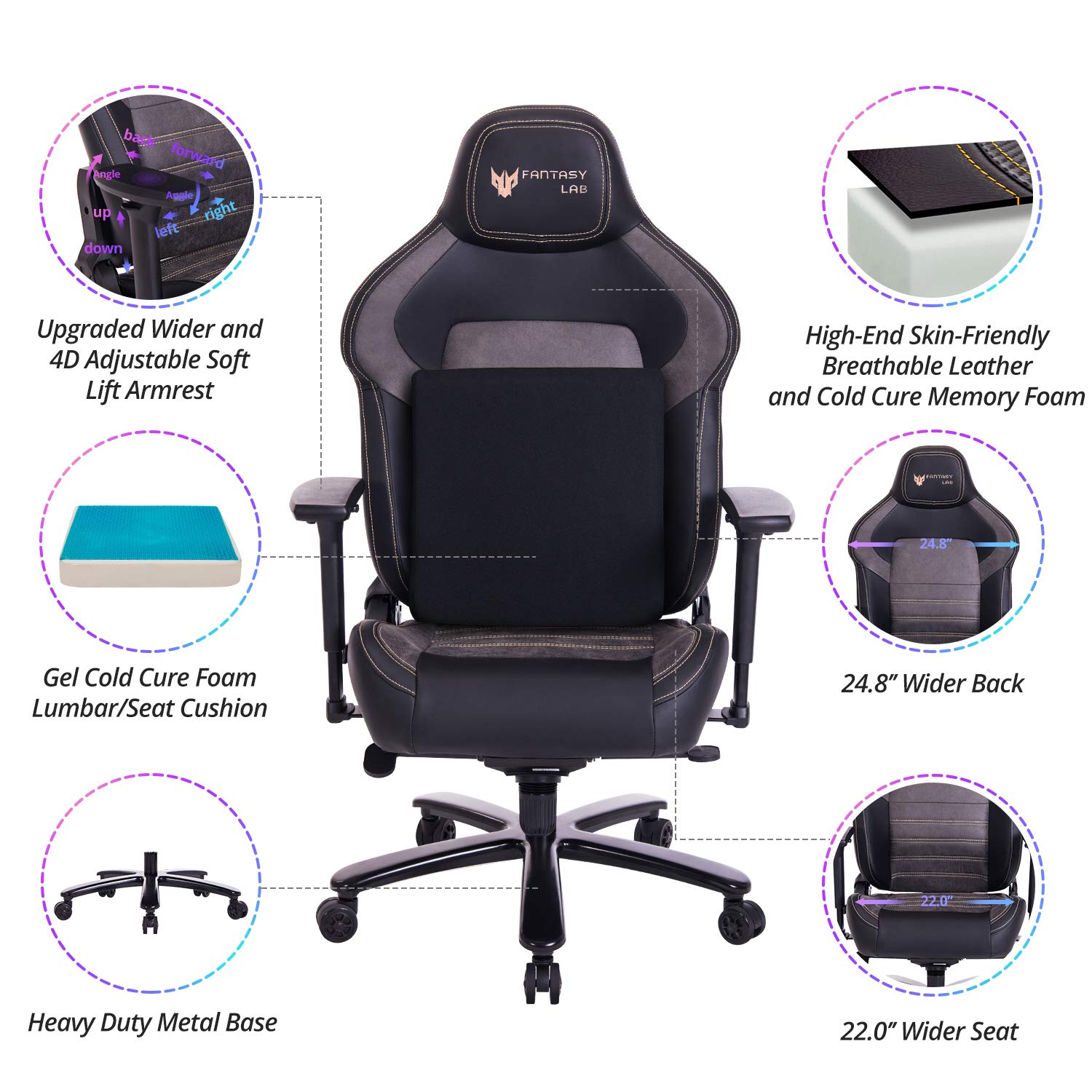 Big and Tall Gaming Chair 440lb Metal Base Memory Foam Lumbar Seat Cushion 4D Adjustable Arms Swivels & Reclines Ergonomic High-Back Racing Computer Gaming Chair