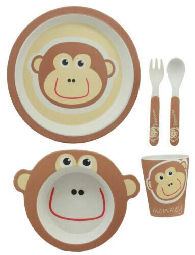 Ebros Whimsical 5 Piece Dinnerware Set for Kids Children Toddler Baby Made of No BPA Eco Friendly Organic Bamboo Fiber Fork Spoon Plate Bowl and Cup Essentials (Jungle George Monkey)