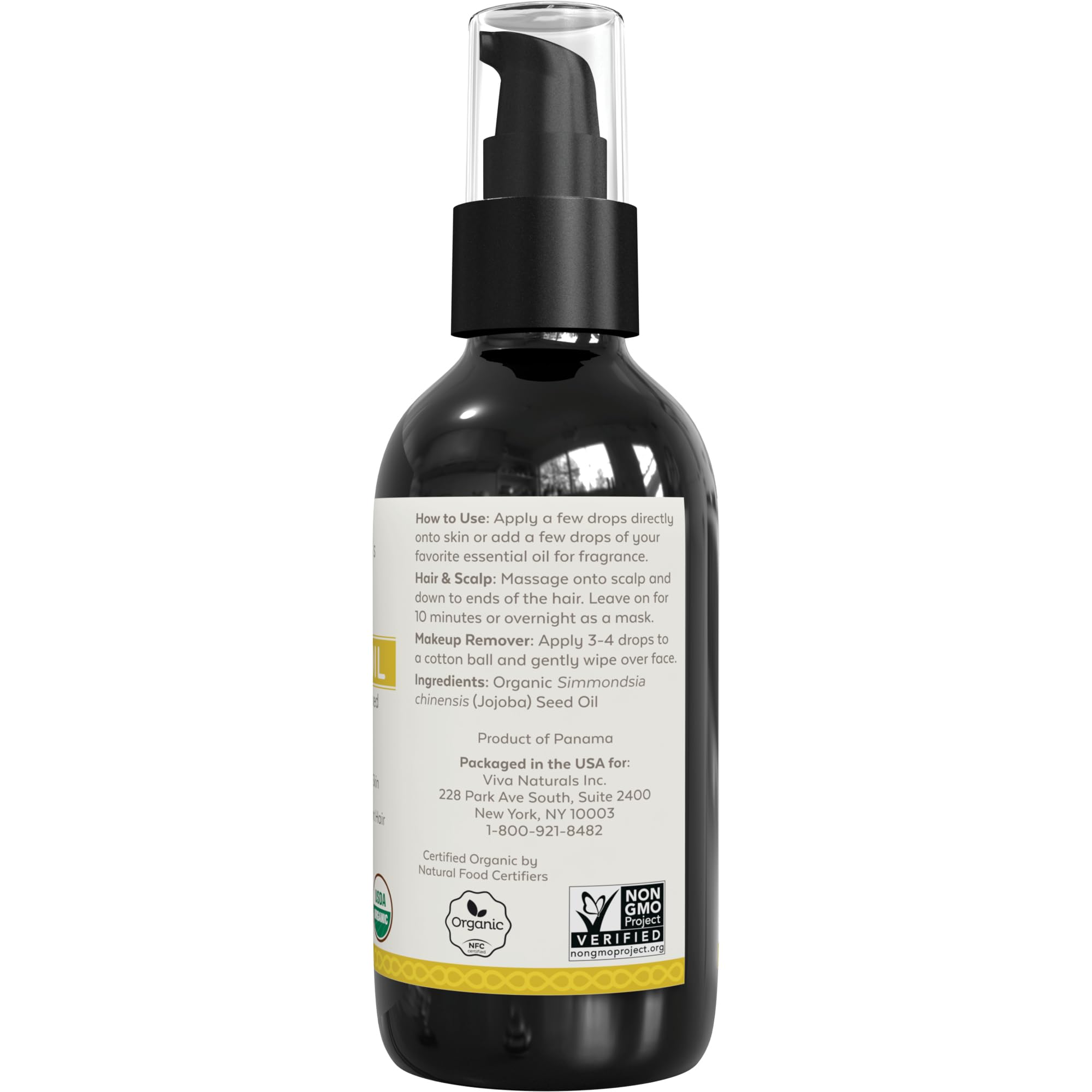 Viva Naturals Organic Jojoba Oil - Pure Cold-Pressed for Skin and Hair, USDA Certified Face Moisturizer, 4 fl. oz
