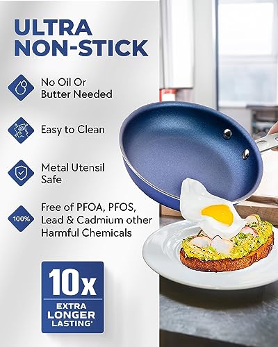Granitestone Blue 8 Inch Non Stick Frying Pan Nonstick Pan with Mineral/Diamond Coating for Long Lasting Nonstick Frying Pan Skillet for Cooking with Stay Cool Handle, Oven/Dishwasher Safe, Non Toxic