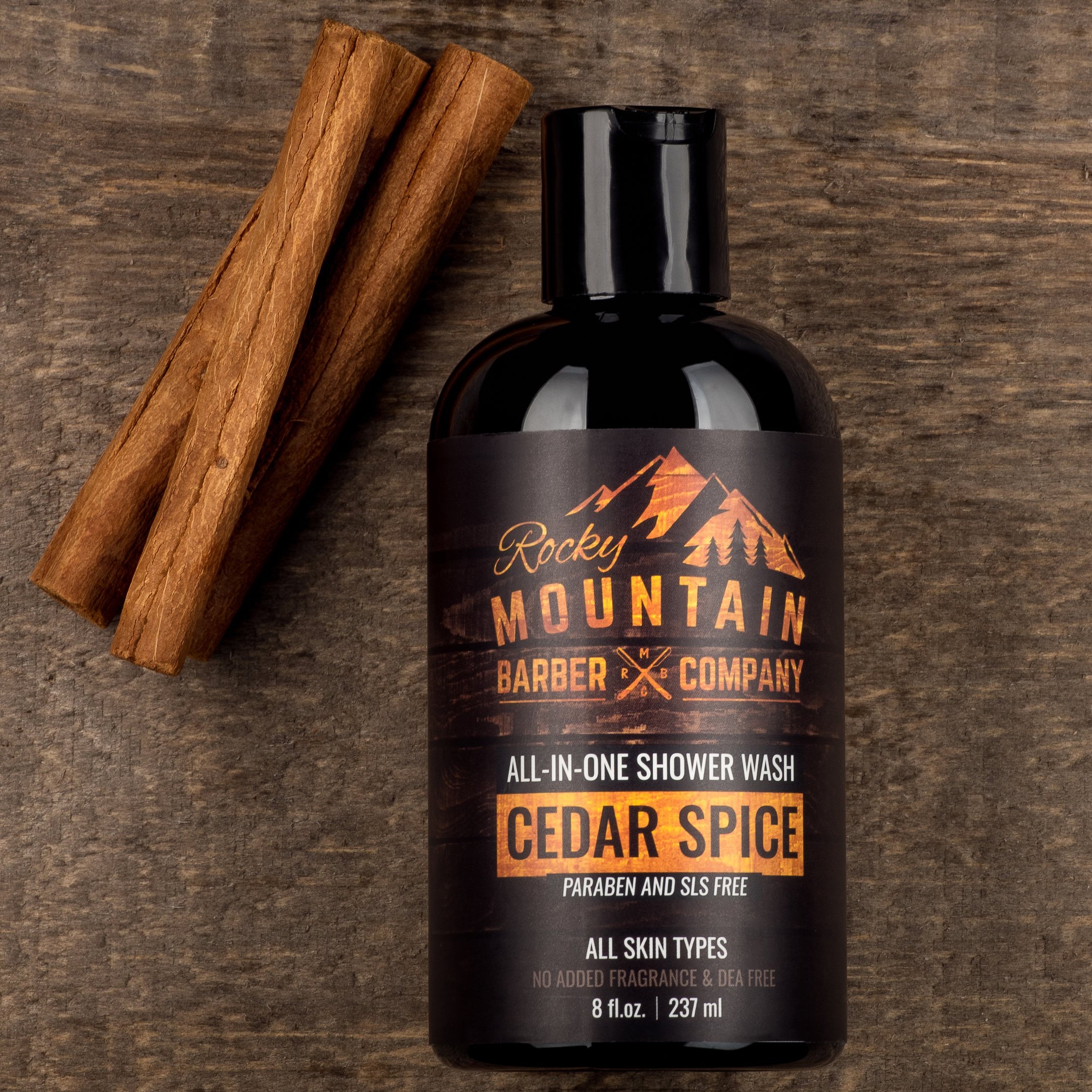Rocky Mountain Barber Company Cedar Spice All-In-One Body Wash β Shampoo, Body Wash, Conditioner, Face Wash & Beard Wash with Essential Oils - 8 oz