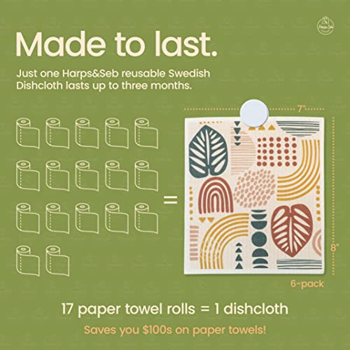 Harps&Seb Reusable Swedish Dishcloths for Kitchen – Super Absorbent Washable Swedish Dish Towels with Convenient Hanging Clips – Odorless Non Scratch Cellulose & Cotton Dish Cloth Set – 6 Pack