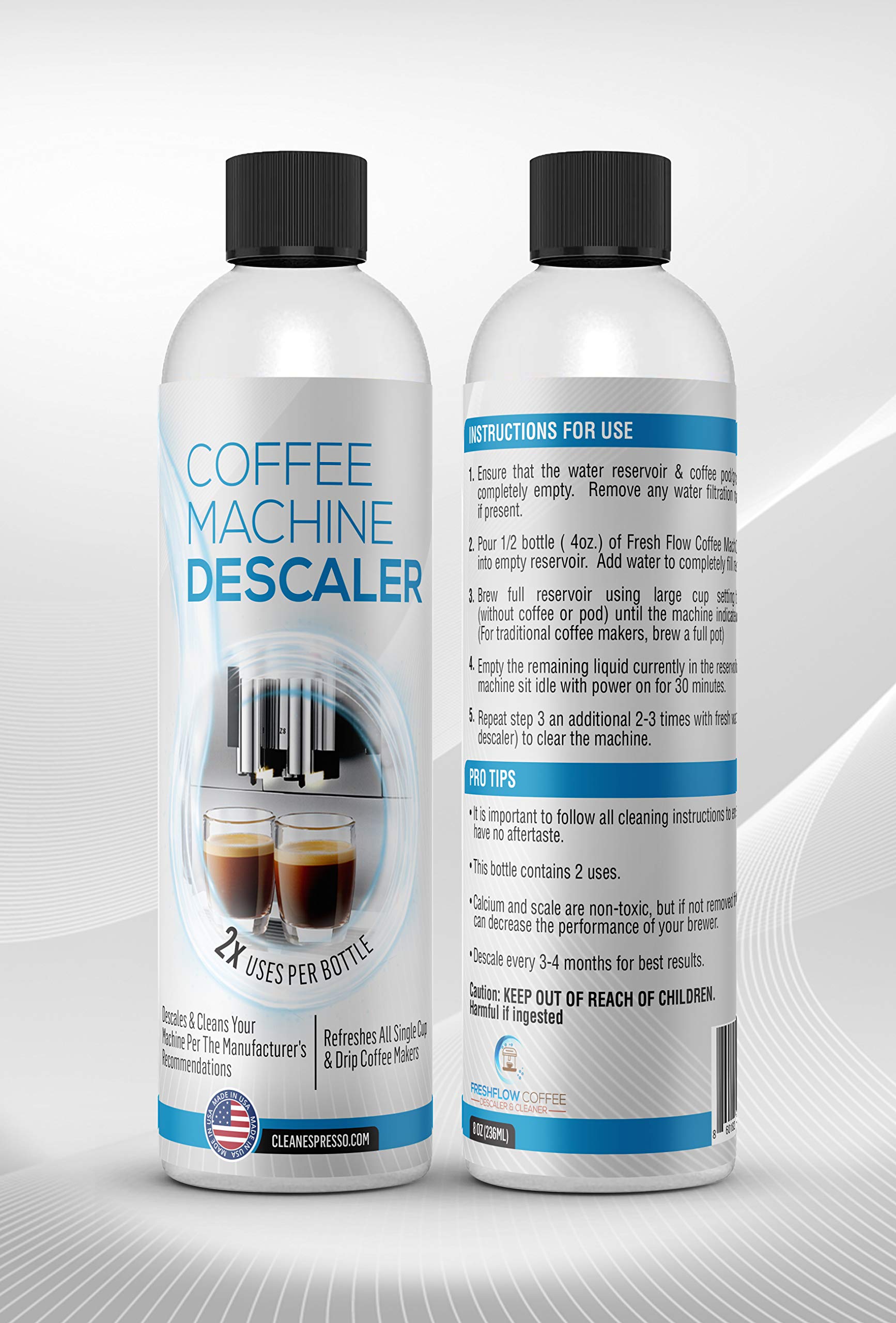 Descaling Solution for Coffee & Espresso Machines - 2 Bottle Pack (4 Uses) - Universally Compatible Descaler Cleaner for Keurig, Breville, Nespresso, Delonghi & All Single Use or Drip Machines