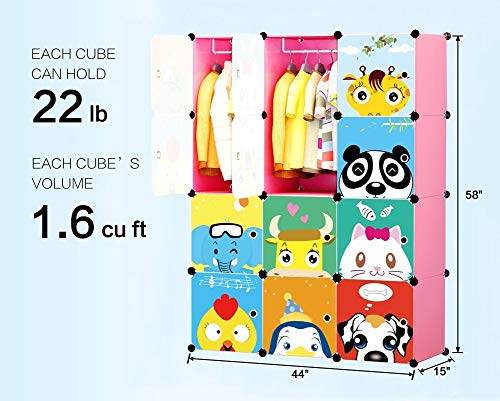 MAGINELS Children Wardrobe Kid Dresser Cute Baby Portable Closet Bedroom Armoire Clothes Hanging Storage Rack Cube Organizer,(Pink, 8 Cube & 2 Rod)
