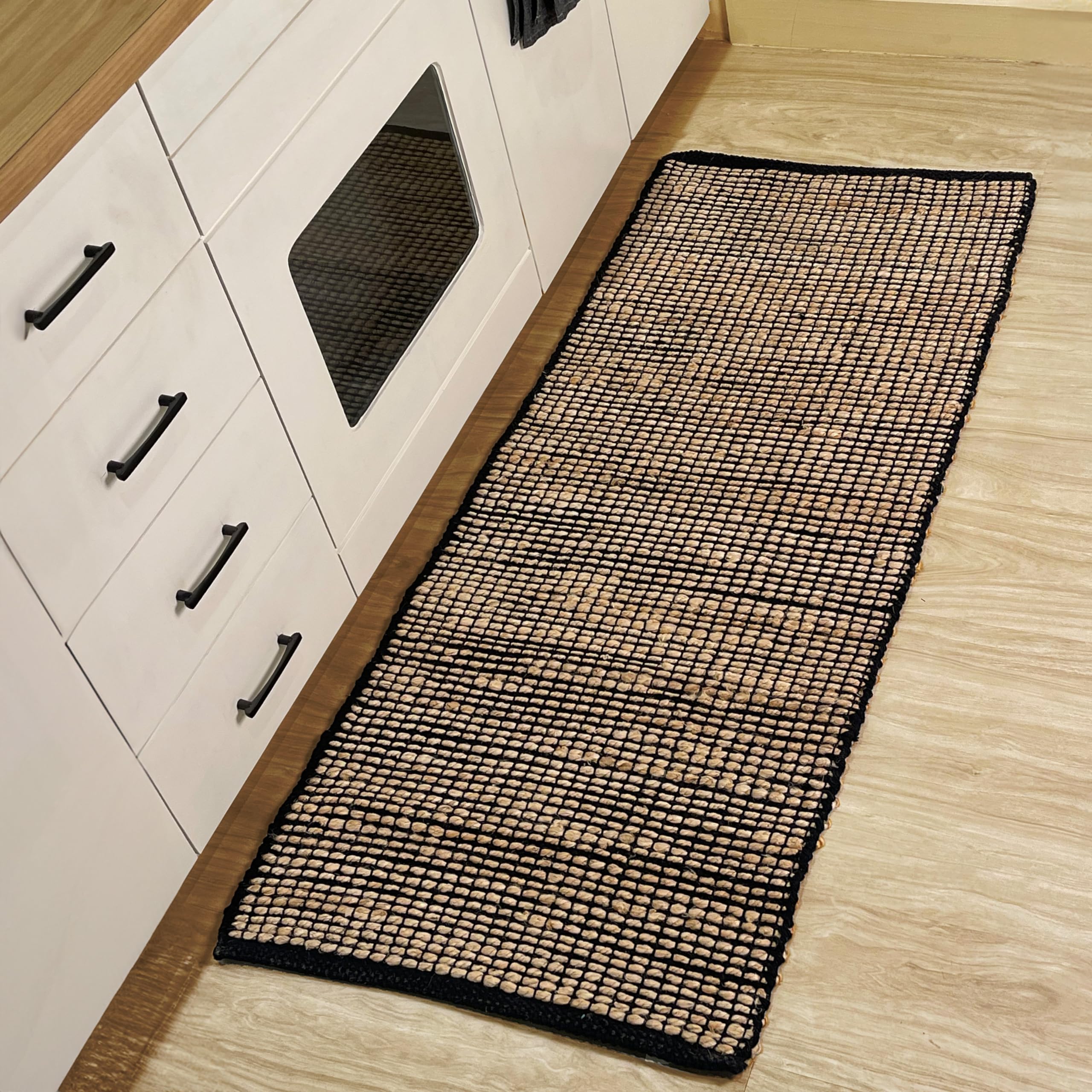 Chardin home Jute Rugs Collection- 2x5 Feet Jute Braids Rug, Boho, Rustic, Natural Jute/Black, Hand Woven Long Runner Rug for Bedroom, Living Room, Kitchen and entryways