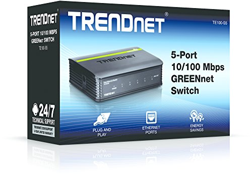 TRENDnet 5-Port Unmanaged 10/100 Mbps GREENnet Ethernet Desktop Plastic Housing Switch, 5 X 10/100 Mbps Ports, 1Gbps Switching Capacity, TE100-S5