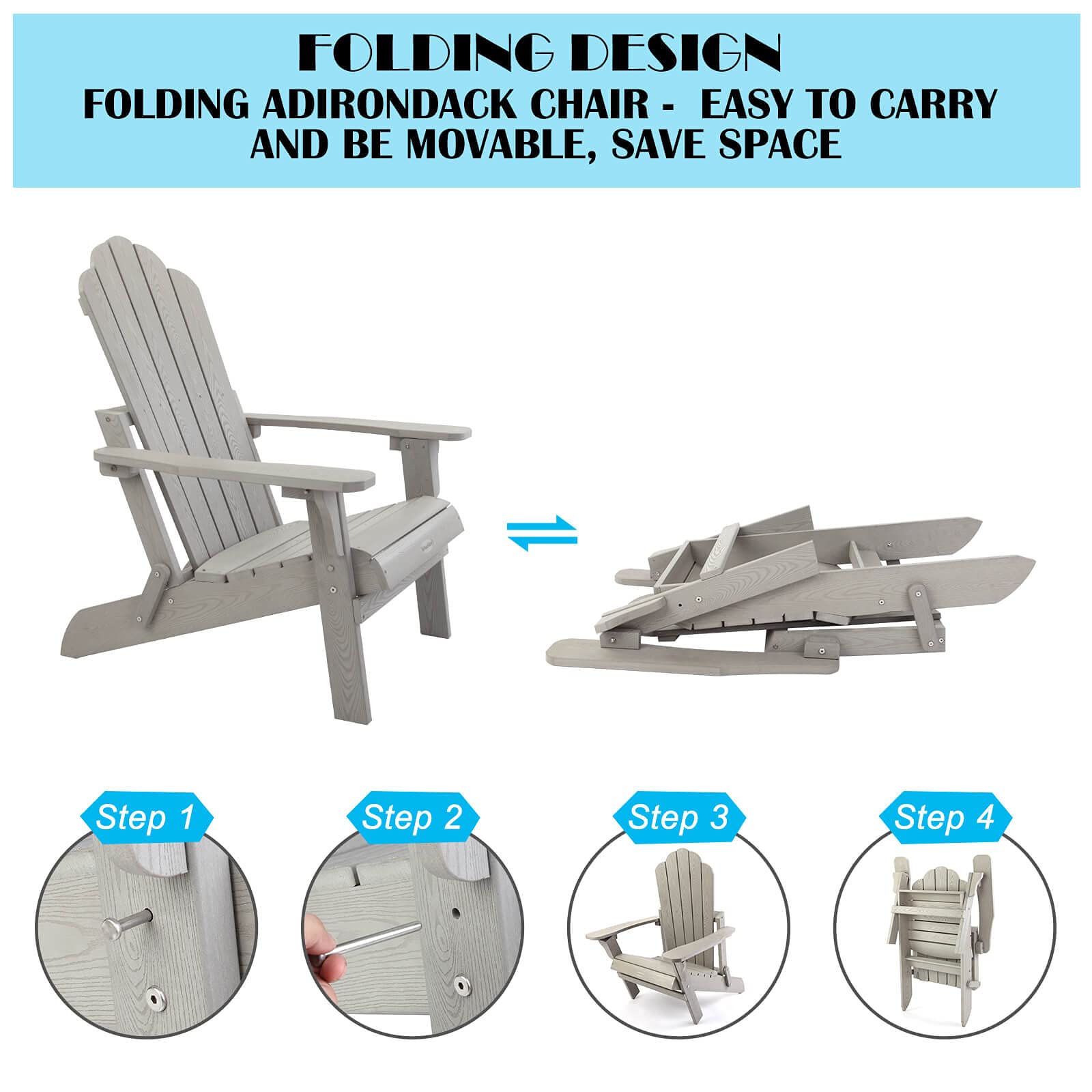 hOmeHua Folding Adirondack Chair Weather Resistant, Hard Plastic Imitation Wood Stripes Adirondack Chair, Easy to Fold Move & Maintain, Outdoor Chair for Patio, Backyard Deck, Fire Pit - Gray