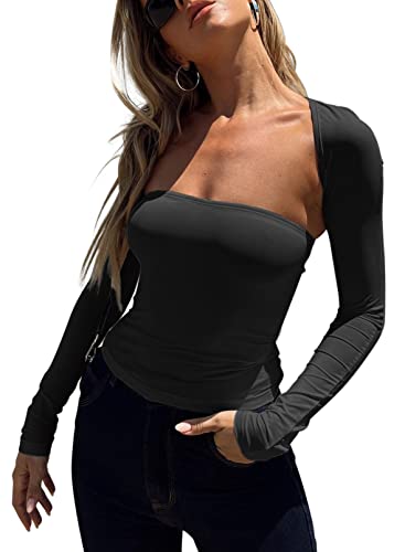 Dokotoo 2023 Women's Long Sleeve Shrug Crop Cardigan & Sexy Y2K Square Neck Strapless Cami Tank Top - Black, M
