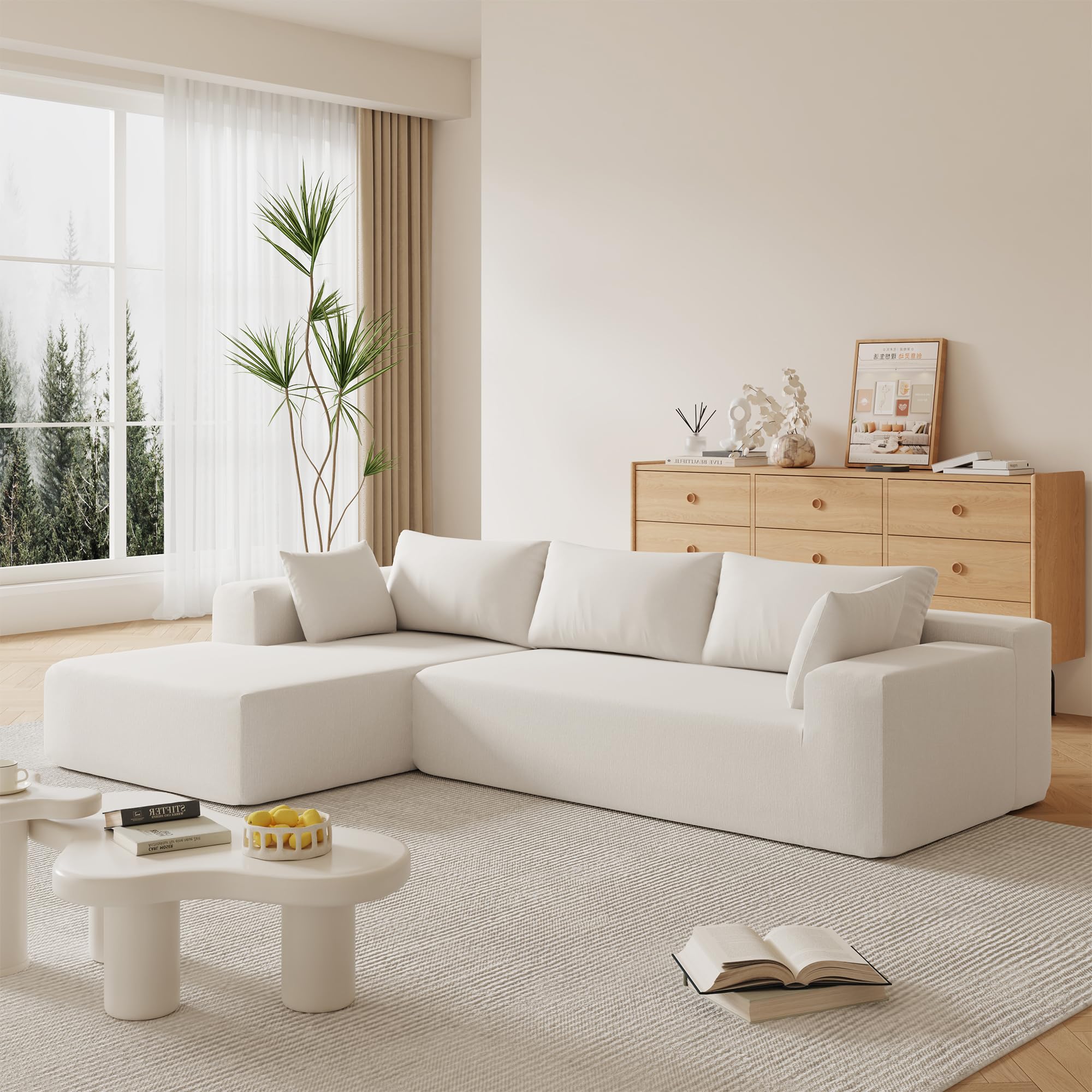 GNIXUU Chenille Modular Sectional Sofa, Modern Minimalist 2 Pieces Deep Cloud Sectional Couches for Living Room, Comfy Upholstered 4-Seater L-Shaped Sofa with Chaise(109" Cream White)