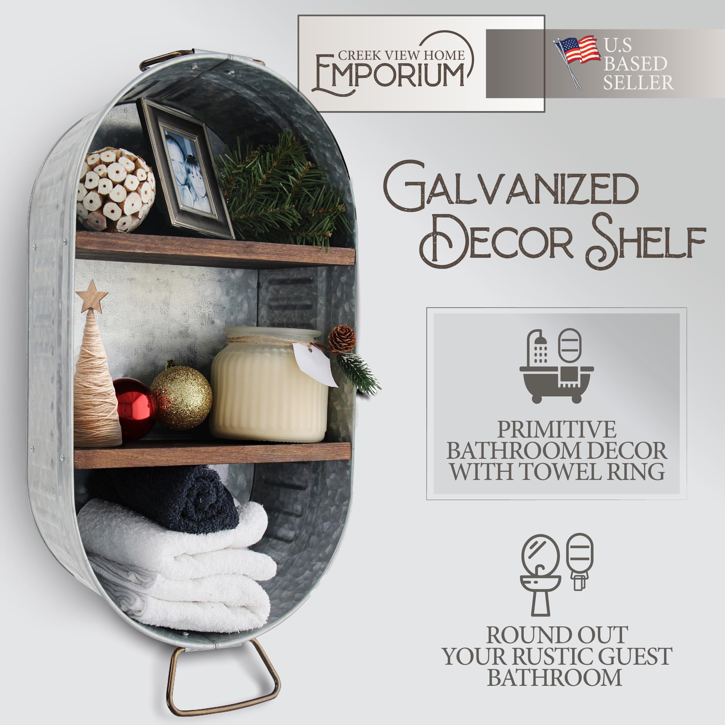 Creekview Home Emporium Rustic Shelf Galvanized Wash Tub Farmhouse Bathroom Wall Decor - 20 Inch Oval Galvanized Cubby Wall Unit with 2 Wood Shelves - Primitive Bathroom Decor with Towel Ring