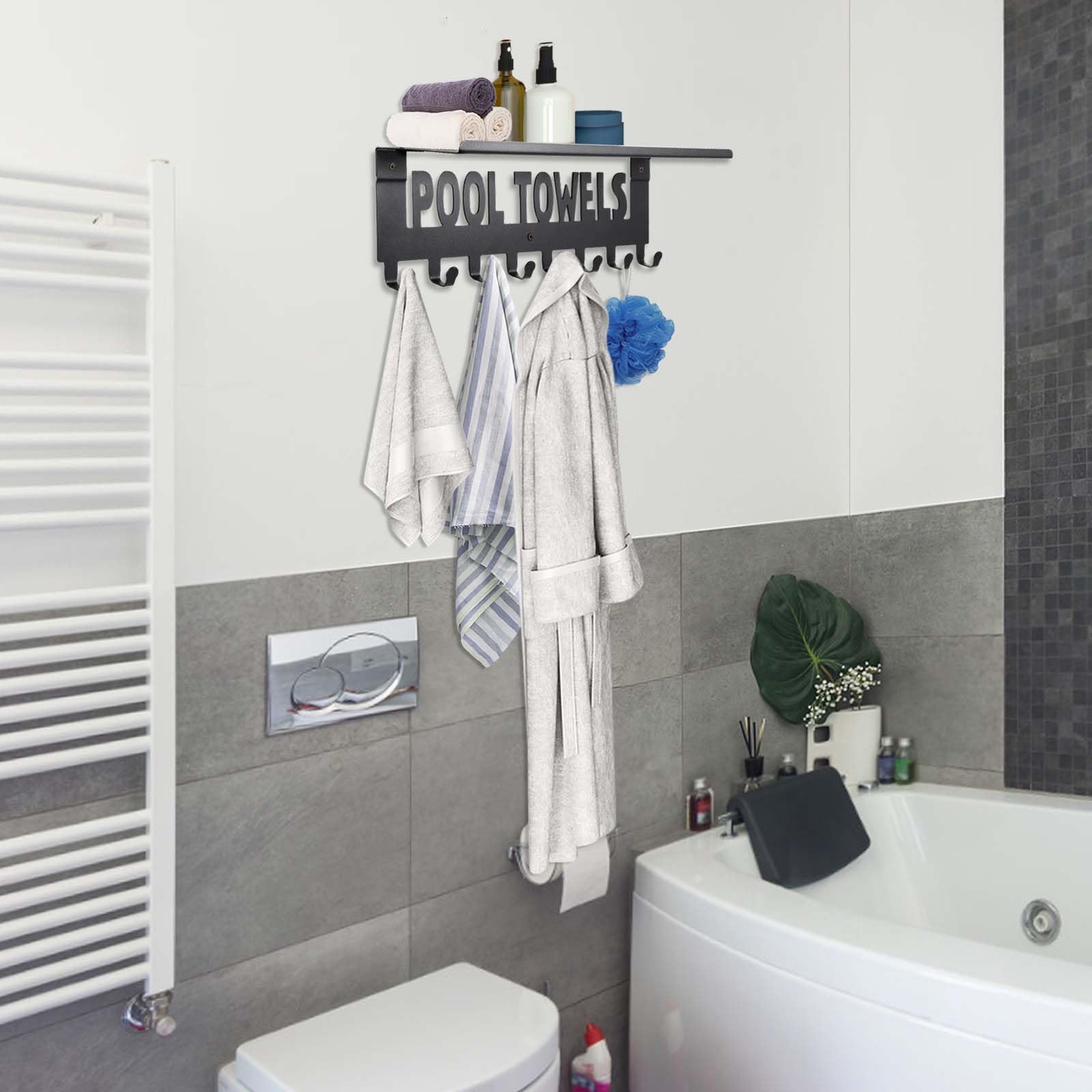 Kuhome Pool Towel Racks with Shelf Outdoor Pool Decor Wall Mount Towel Hooks Towel Holder with 8 Hooks Black Towel Storage Hanger Organizer for Bathroom Pool Accessories