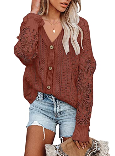 Dokotoo Women's V Neck Crochet Hollow Out Long Sleeve Button Down Cable Knit Cardigan Sweaters for Women Ladies Lightweight Tunic Fashion Sweater Pullover Tops Dark Orange M