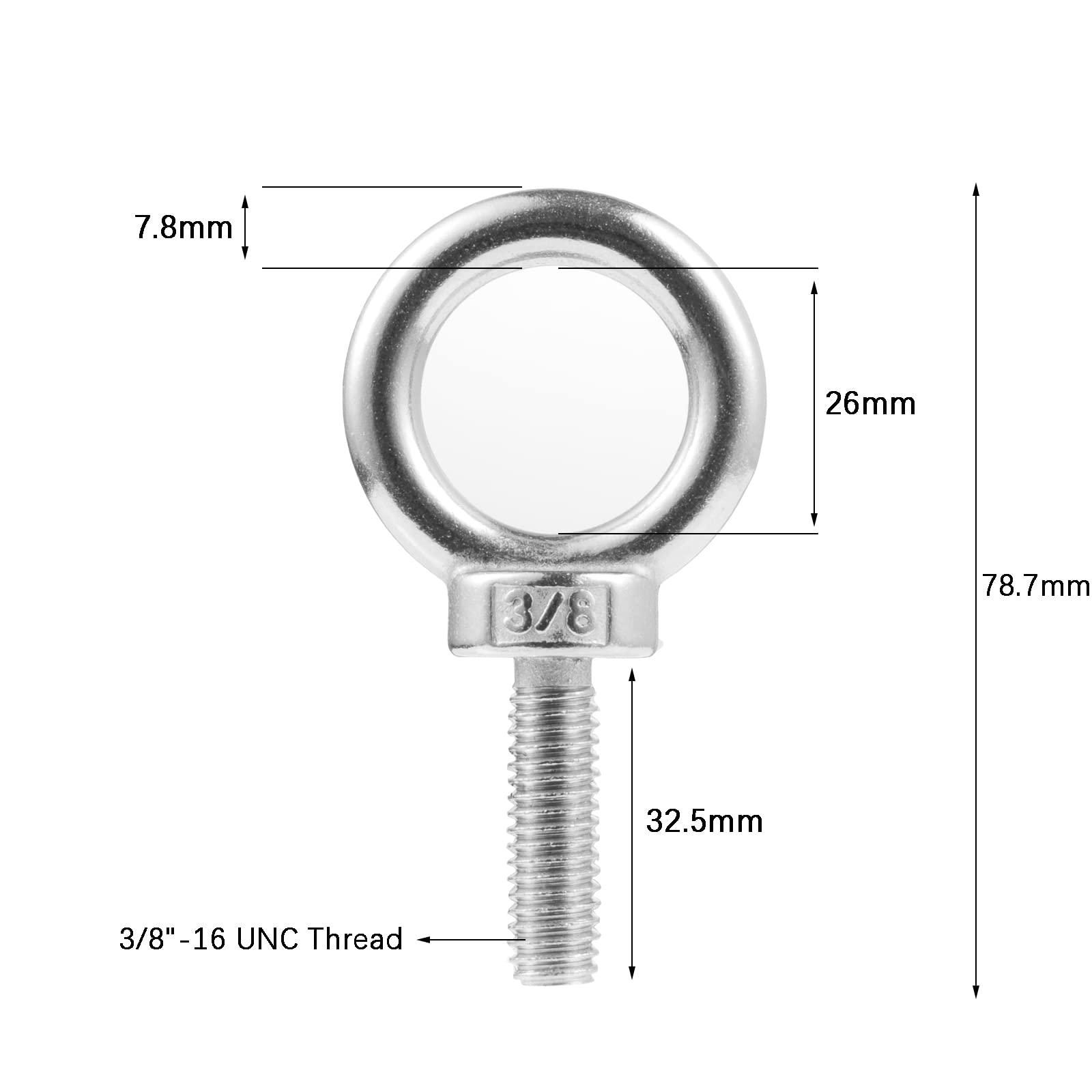 Eowpower 4 Pieces 3/8 inch - 16 UNC 304 Stainless Steel 3/8 inch x 1 1/4 inches Lifting Ring Eye Bolt Eyebolts