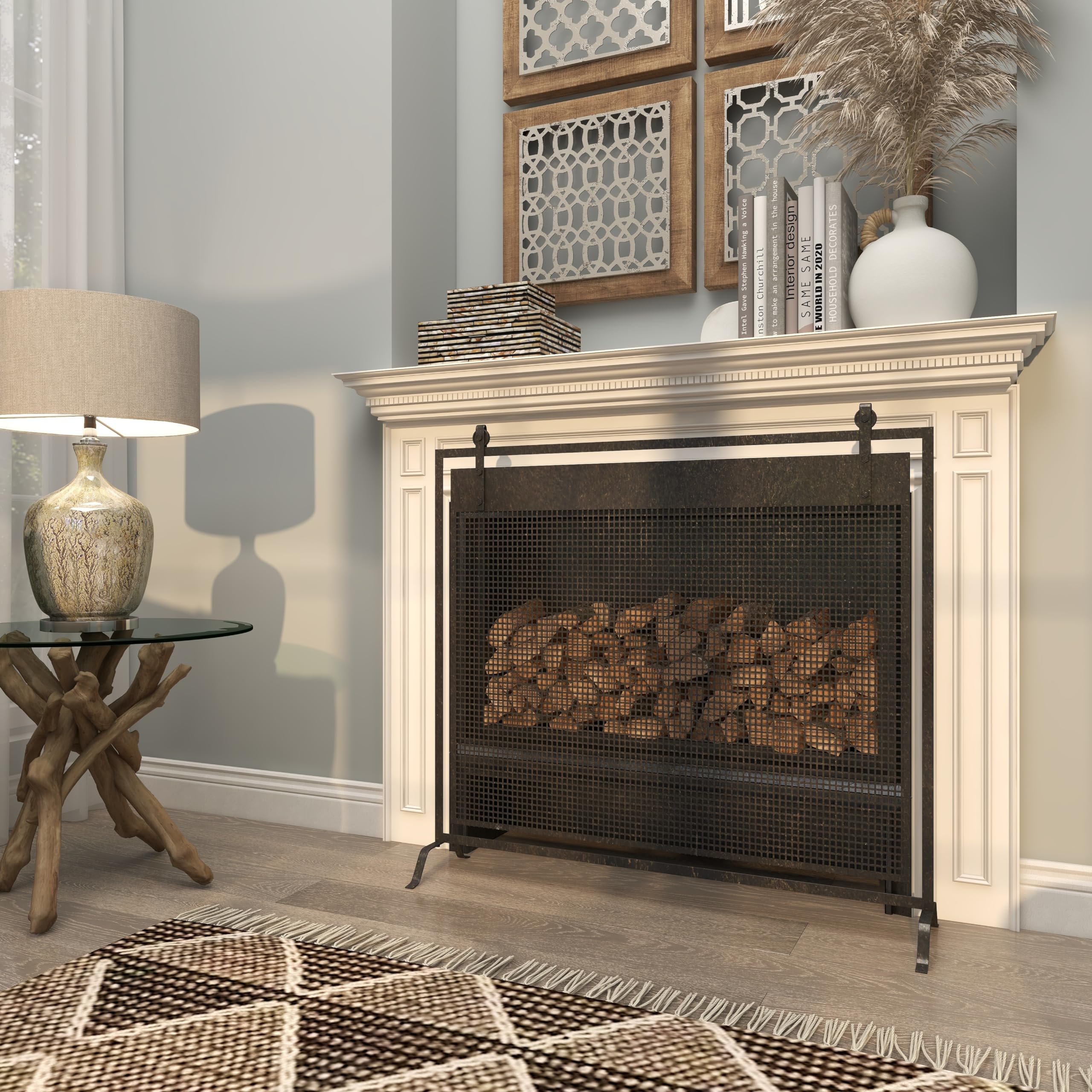 Deco 79 Metal Geometric Fireplace Screen Suspended Grid Single Panel with Bolted Detailing, 38" x 9" x 35", Black