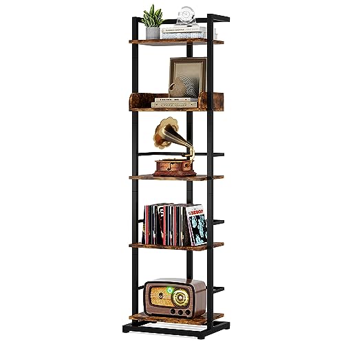 Hosfais Bookshelf 5-Tier Bookshelf: Tall Corner Bookcase Industrial Narrow Book Shelves Vintage Wood Bookshelf Storage Organizer Display Book Rack for Living Room Bedroom Office Home (Rustic Brown)