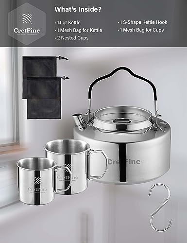 CretFine 304 Stainless Steel Camping Tea Kettle with Stackable Cups and Portable Bag, Anti-scalding Open Campfire Coffee Tea Pot, 1.1 Qt