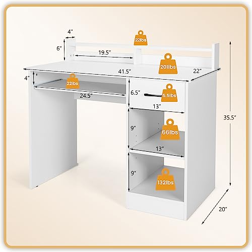 GOFLAME White Computer Desk, Home Office Desk with Large Drawers, Hutch, Keyboard Tray, 5-Position Adjustable Open Shelves, Easy Assembly, Writing Desk for Bedroom, Small Space, Living Room(White)