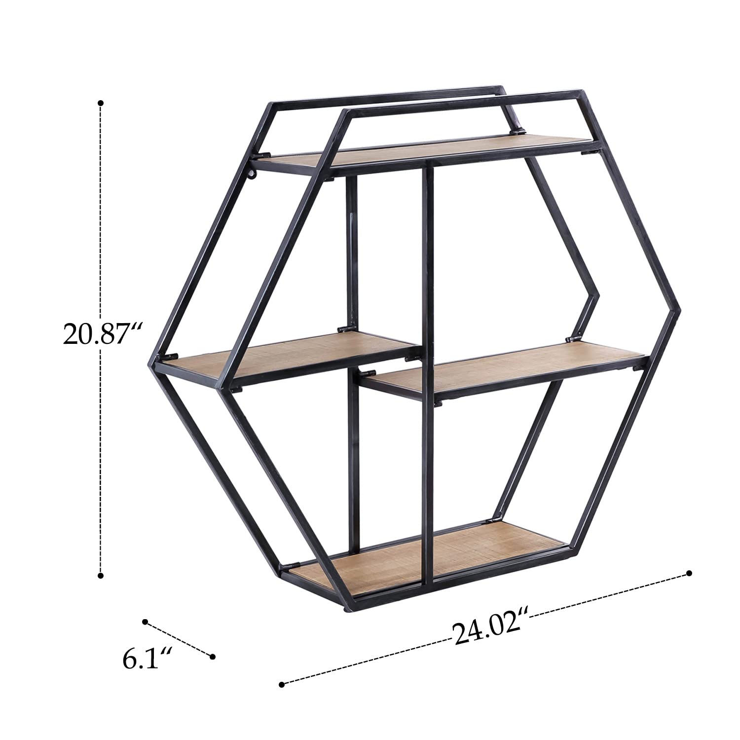 Industrial Style Hexagon-Shaped Wall Shelves, 3 Tier Decorative Floating Ledge Shelves, Wall Mounted Metal Bracket Wooden Display Hanging Shelf
