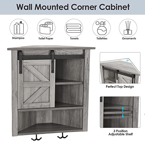 Fameill Bathroom Wall Cabinet Wall Mounted Corner Cabinet with Sliding Barn Door Over Toilet Bathroom Organizer Corner Wall Shelf Medicine Cabinet,Grey