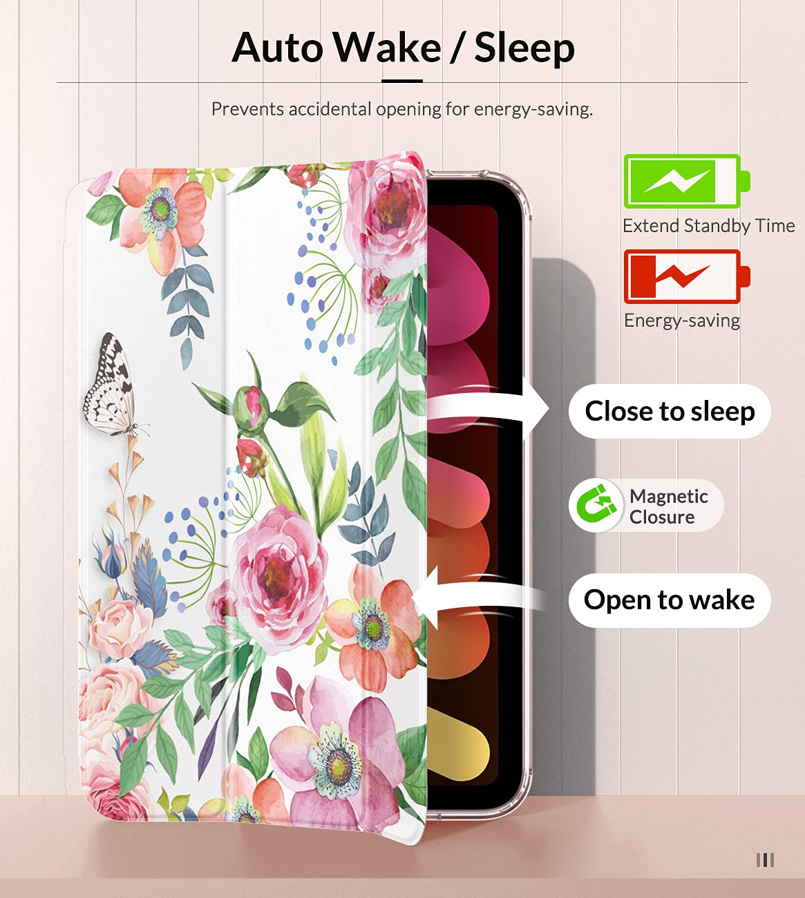 MoKo Case Fit New iPad Mini 6 2021 (6th Generation 8.3 inch), Soft TPU Translucent Frosted Back Cover Slim Smart Shell Stand Folio Case for iPad Mini, Auto Wake/Sleep, Fragrant Flowers