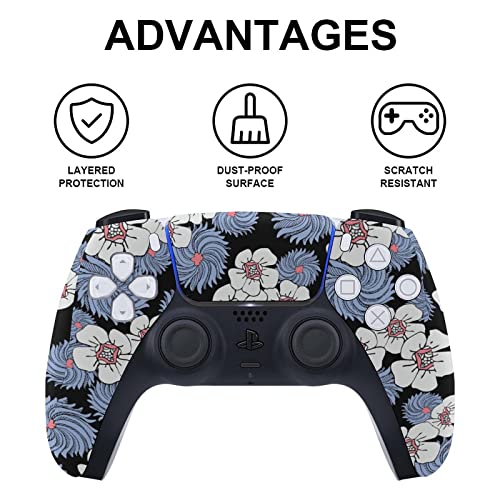 Blue White Flower Full Protective Skin Cover Design Wrap Decal Sticker Compatible with PS5 Digital Edition Console and Controller