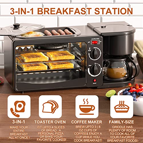 Breakfast Station, Toaster with Frying Pan, Portable Oven Breakfast Maker with Coffee Machine, Non Stick Die Cast Grill/Griddle for Bread Egg Sandwich Bacon Sausages