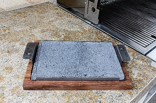 Comal Grill and Serve - 20 x 30 cm Volcanic Stone with Steel Handle Includes Wooden Base